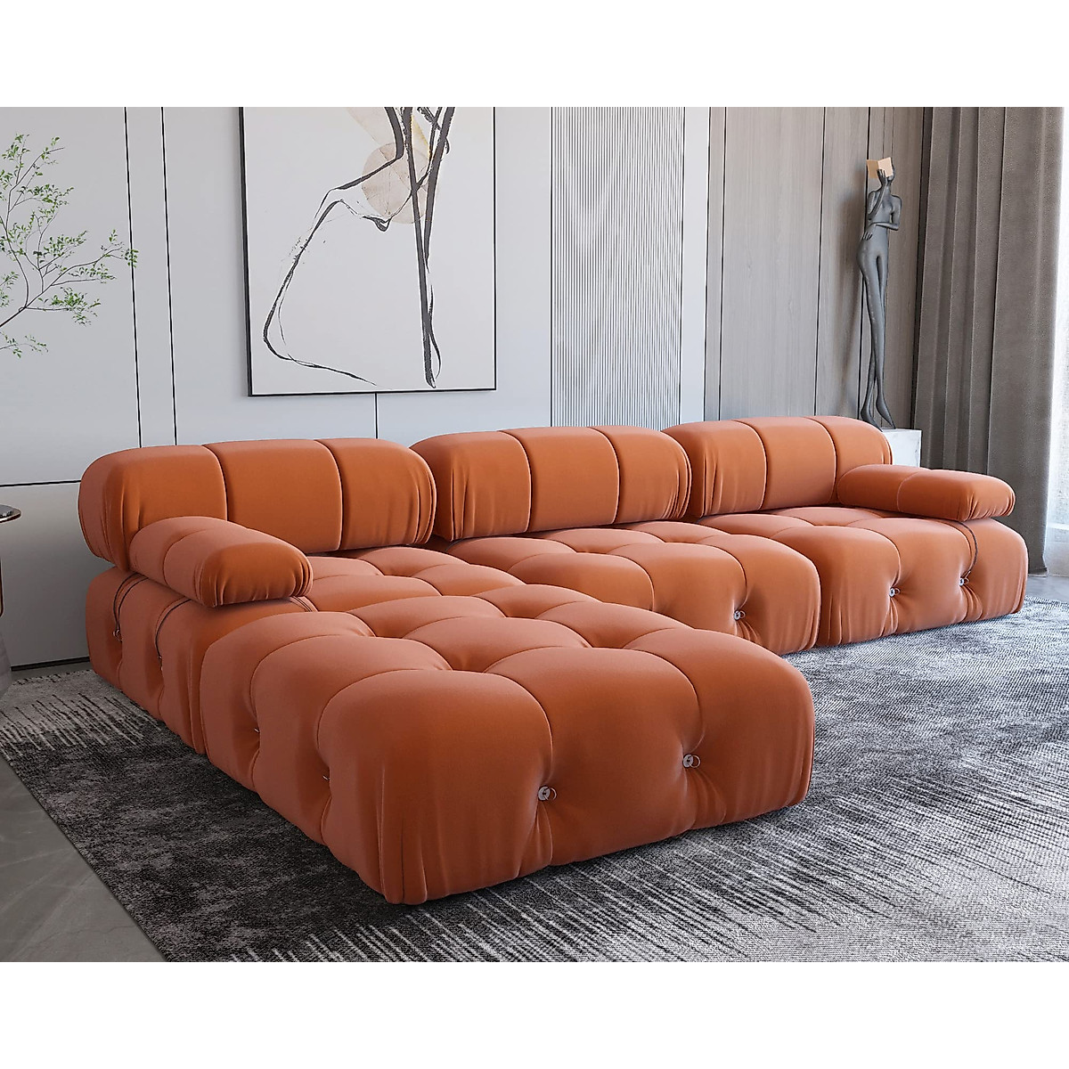 MGH Convertible Modular, Minimalist Couch with Ottomans, L-Shaped Velvet Sofas Couches, 4-Seat Sofa Couch Sectional with Reversible Chaise for Living Room (Orange)