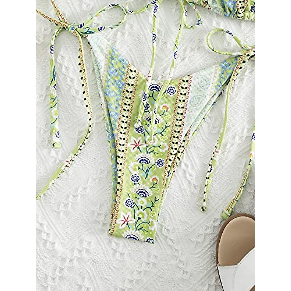 WDIRARA Women's Floral Print Tie Side Swimwear Straps Bikini Sets Swimsuits Green S