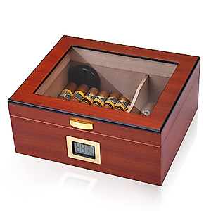 Bald Eagle Cedar Cigar Humidors with Digital Hygrometer, Handcrafted Cigar Box with Humidifier, Glass Top Humidor Box Luxury Cigar Case Sapele Cherry Finish Cigar Box (25-50 Cigars)