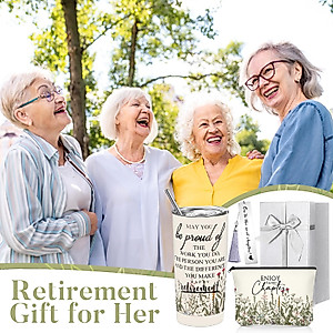 4 Pcs Retirement Gift for Women 2024 Happy Retirement Presents 20oz Stainless Steel Tumbler Makeup Bag Bookmark Set Retired Gifts Box for Mom Grandmom Teacher Coworker Nurse(Lively Style)