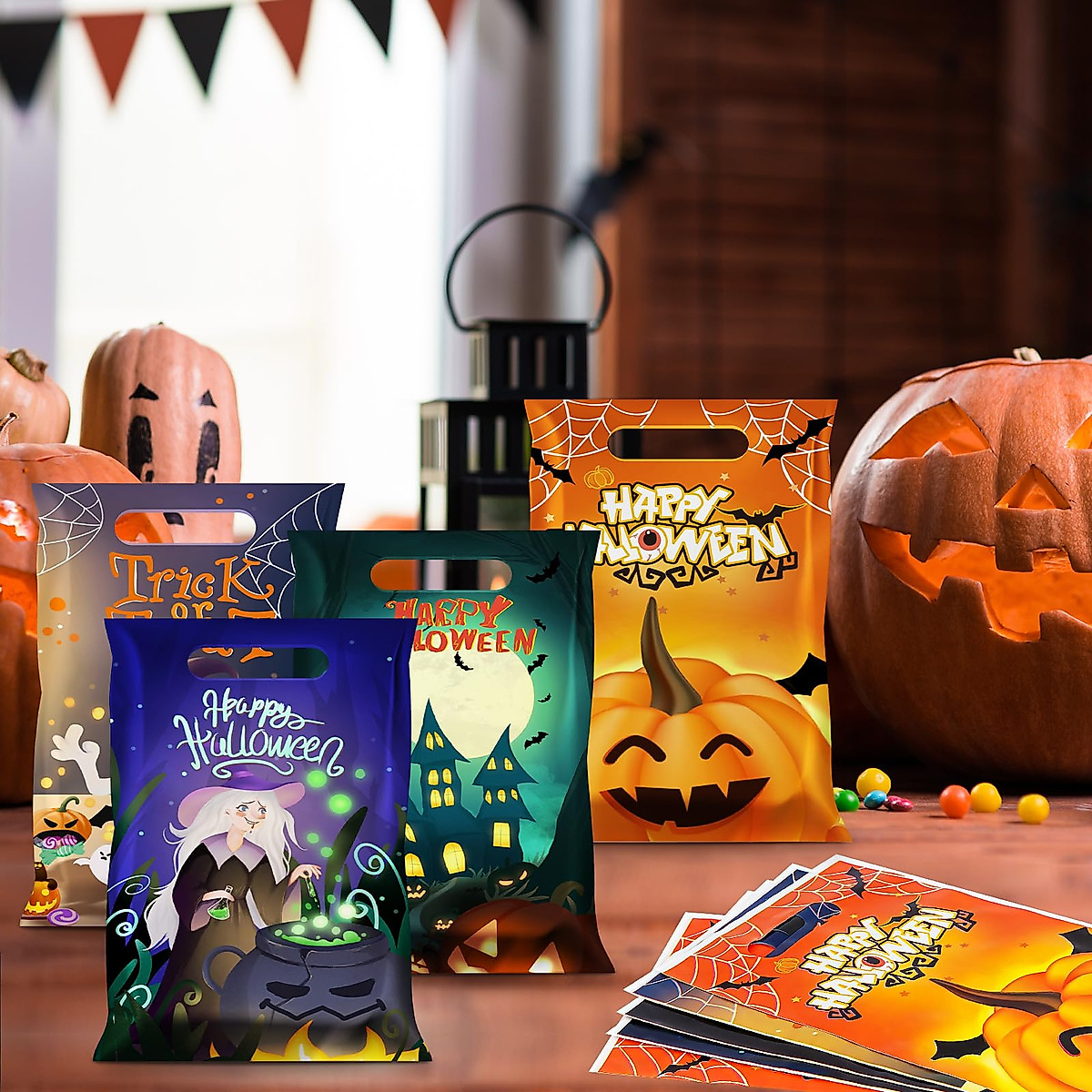 50 Pcs Halloween Goodie Bags with Handles - Happy Halloween Treat Bags, Trick or Treat Gift Bag Bulk, Plastic Halloween Tote Candy Goody Favor Bags for Kids Halloween Party Decorations Favors Supplies