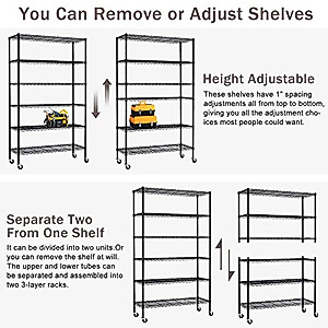 XXkseh 6000Lbs Capacity Storage Shelves Heavy Duty Shelving Unit 6 Tier Metal Shelving NSF Certified with Wheels and Adjustable Feets Commercial Grade Utility Shelf, 48"x 18"x 76" Wire Rack, Black