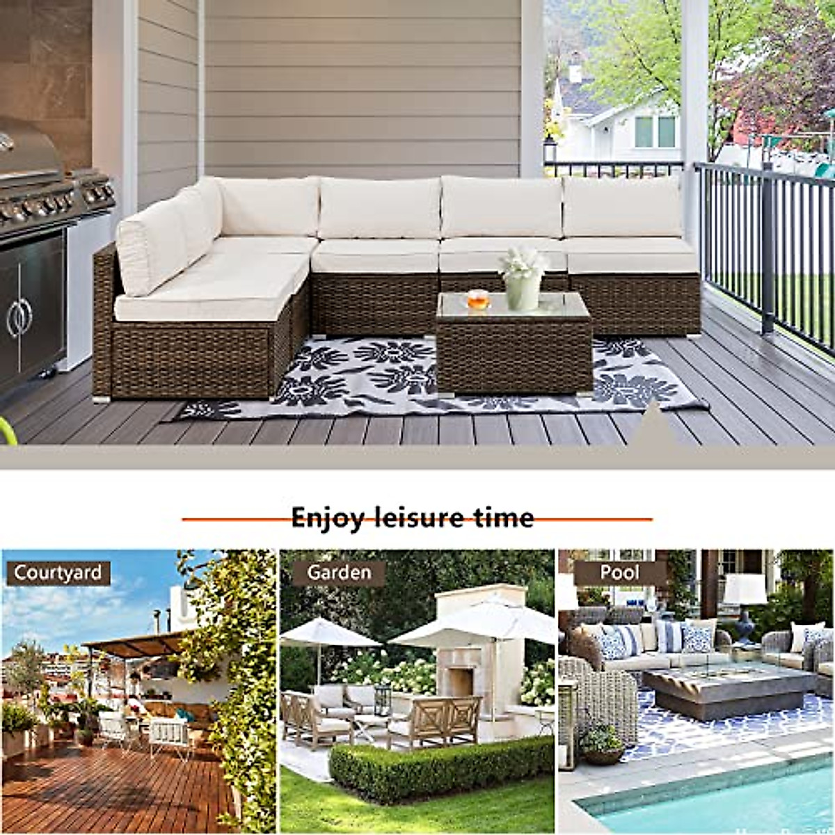 HOMPUS 7-Piece Outdoor Handwoven PE Rattan Wicker L-Shaped Corner Conversation Set Furniture Brown Patio Sectional Sofa Set w Beige Seat Cushions, Glass Coffee Table for Garden,Yard,Pool