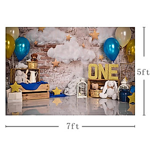 MEHOFOTO Blue and Gold Boy One Birthday Photo Studio Portrait Backdrop Props Balloons Cloud Stars Retro Wall Happy 1st Birthday Party Decorations Photography Background Banner 7x5ft