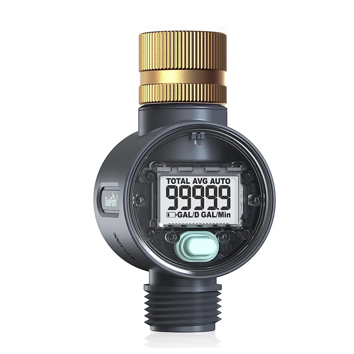 RAINPOINT Water Flow Meter with Brass Inlet, Water Meter for Garden Hose Watering, Lawn Sprinkler, RV Water Tank Filling, Track Water Usage & Flow Rate, IPX6 Waterproof, ±3% Accuracy, Gallon/Liter