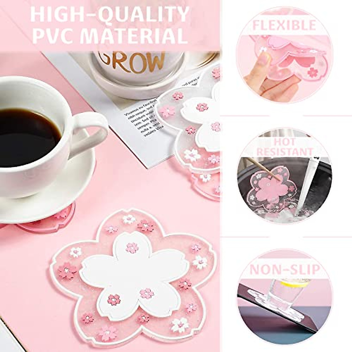 2Pcs Cherry Blossom Coasters for Coffee Table - Heat Resistant Cherry Blossom Decor Non Slip Mat Clear Coasters Table Cup Mat Coffee Mat Gift - Cute Coasters for Drinks Set of 2 for Home, Office, Bar