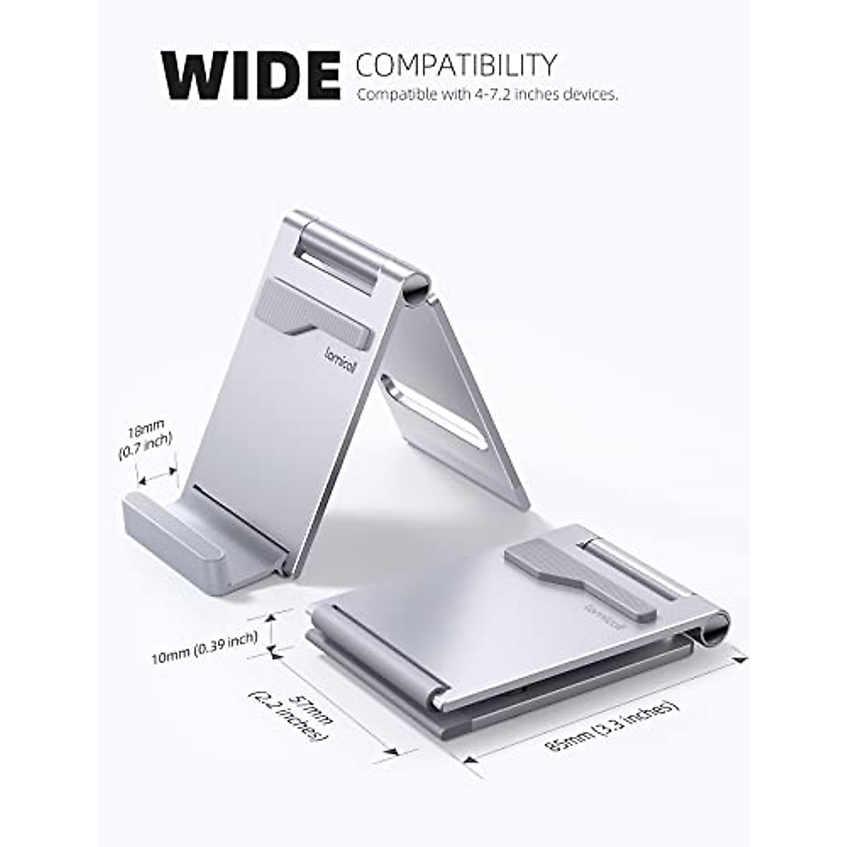 Lamicall Portable Cell Phone Stand - Aluminum Foldable Phone Stand for Desk, Small Pocket Travel Design, Adjustable Mobile Phone Holder for 4-7.2" Cellphone - Sliver