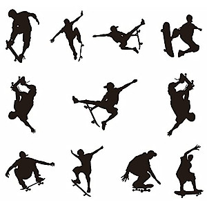 ANFRJJI Skateboard Wall Sticker - 11 Different Skaters Silhouettes in Extreme Actions - Removable PVC Vinyl Decals for Sports Youth Room and Bedroom - Skating Wall Art Mural JWH131 (Black)