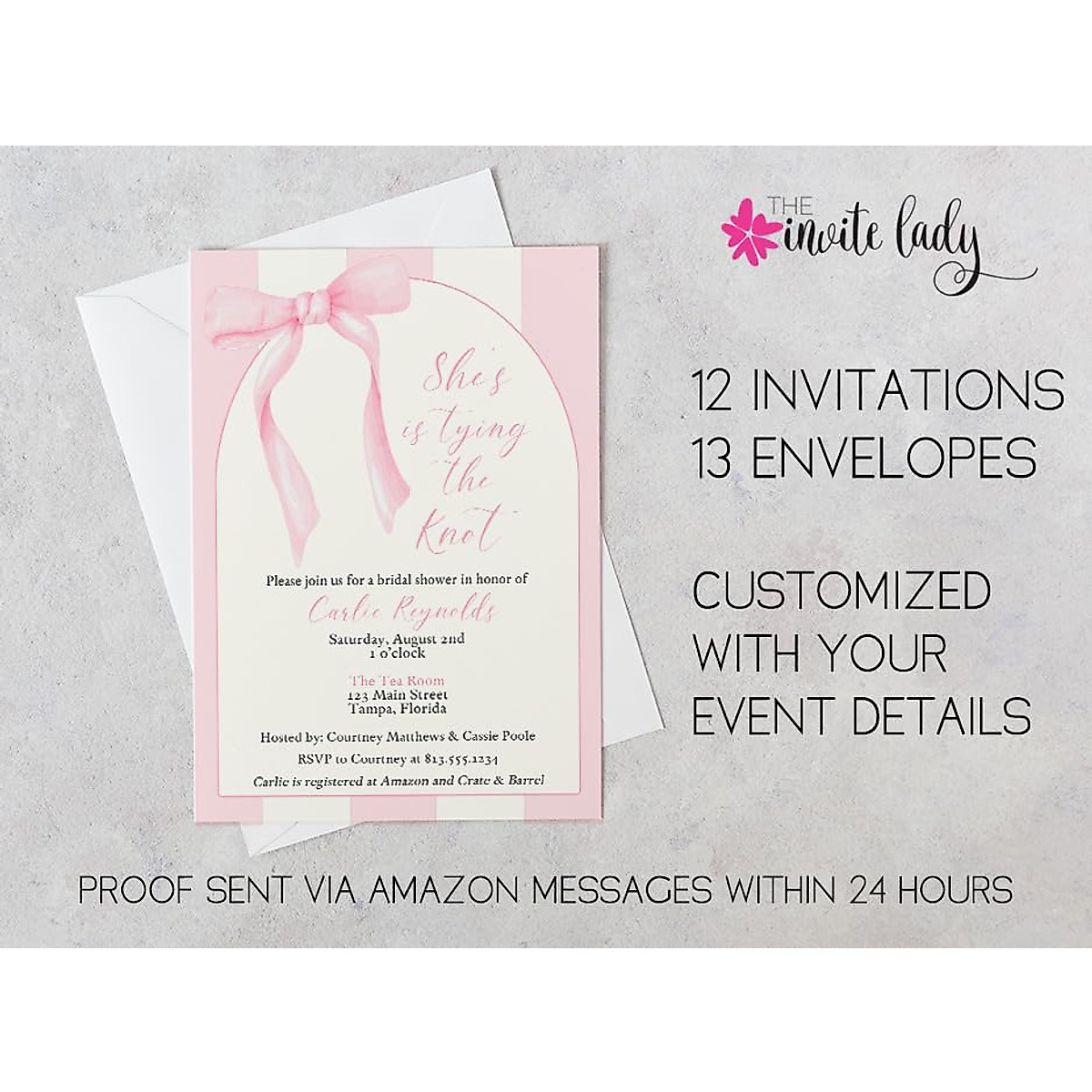 Bridal Shower Invitation Coquette Pink Bow She's Tying the Knot Classy Vintage Striped Customized Personalized Printed Cards (12 Count)