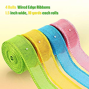 4 Rolls Easter Burlap Wired Ribbons, Solid Wired Edge Ribbon, Wrapping Burlap Ribbon, Burlap Wired Ribbon for Wreaths Home Decor DIY Crafts (Blue, Light Green, Light Yellow, Pink,1-1/2 Inch)