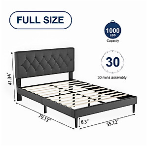 Full Size Platform Bed Frame with Upholstered Headboard, Button Tufted Design, No Box Spring Needed, Dark Grey