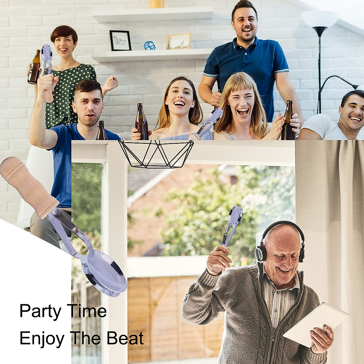 Musical Spoons Folk Percussion Instrument - Natural Wood Musical Spoons and Traditional Steel Spoons with Wooden Handle for beginners Easy Play Irish Folk Music Sound