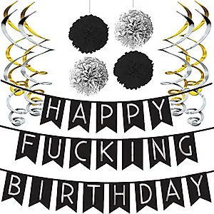 Funny Birthday Party Pack - Black & Silver Happy Birthday Bunting, Poms, and Swirls Pack- Birthday Decorations - 21st - 30th - 40th - 50th Birthday Party Supplies