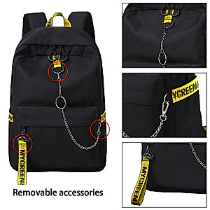 El-fmly Fashion Water Resistant Backpack for Travel Lightweight School Bookbags with Cute Letters Strap for Teenage Girls & Children (Black+Pink)