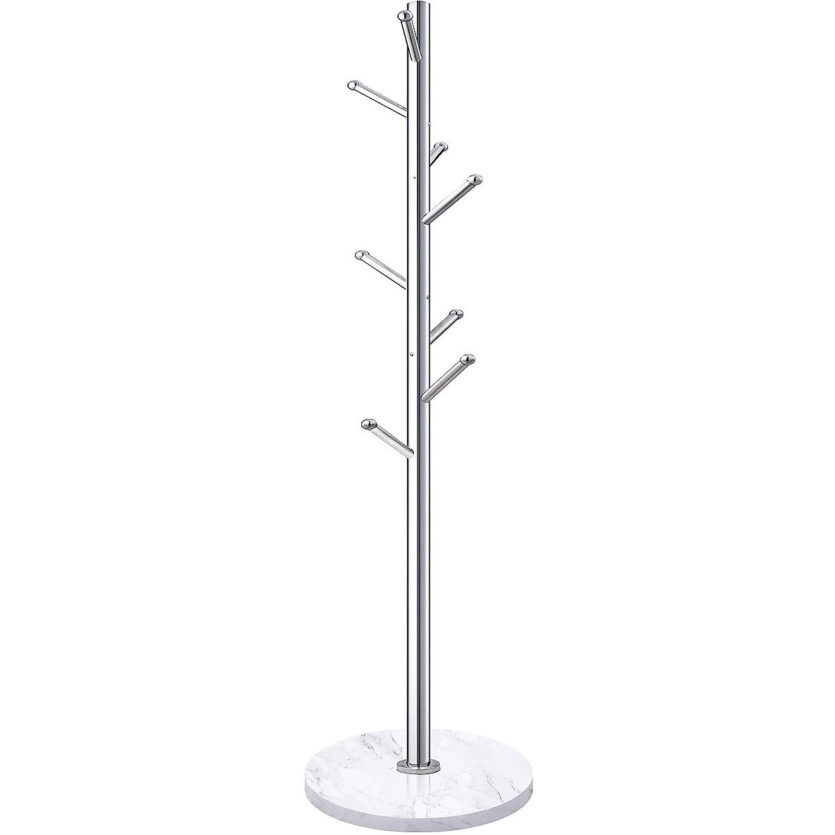 Homde Metal Coat Rack Stand with Natural Marble Base, Stainless Steel Freestanding Clothes Tree Hanger with 8 Hooks, Hall Hanger for Coat Jackets Hat Scarves Handbags Entryway Bedroom (Silver)