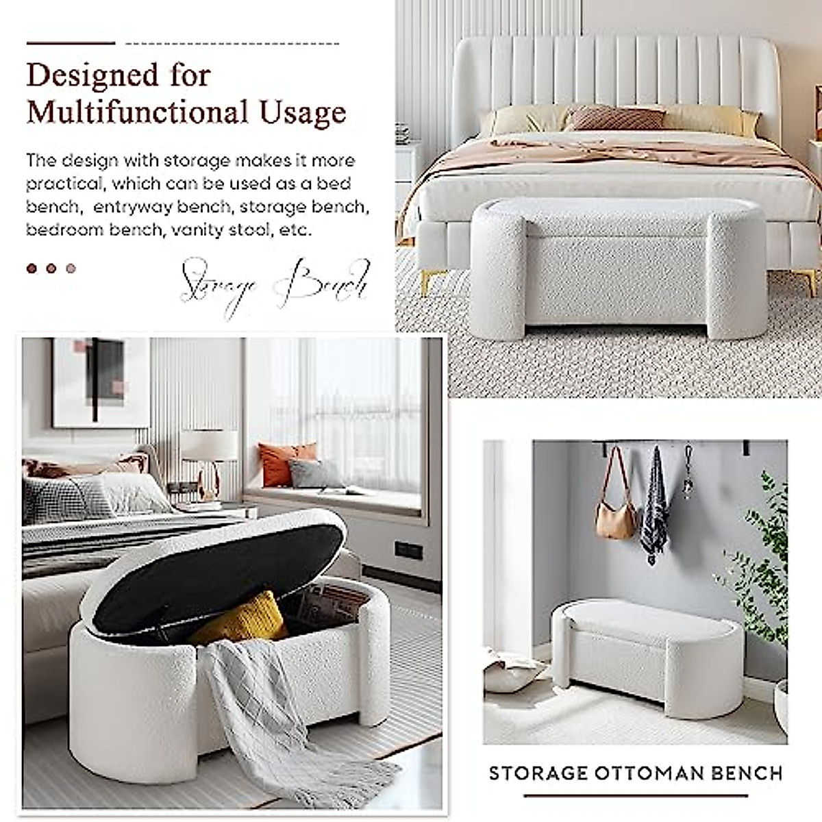 KINFFICT 43.4" Storage Ottoman Bench for Bedroom End of Bed, Upholstered Boucle Storage Bench, Modern Sherpa Benches Furniture with Safety Hinge for Entryway, Bedroom, Living Room, Teddy White