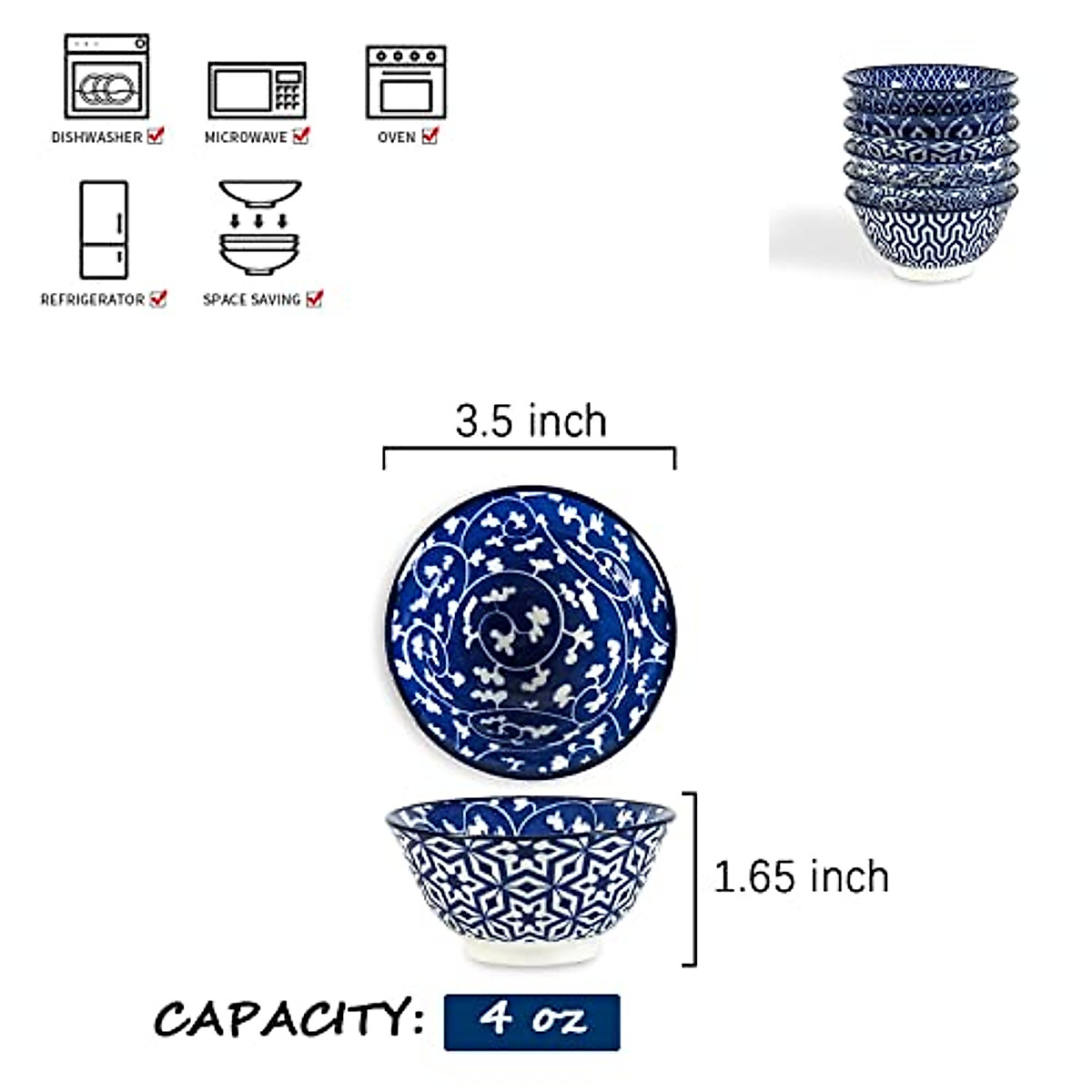 Selamica Ceramic 3.5 inch Dessert Bowls Set, 4 oz Cute Small Bowls Dipping Bowls for Ice Cream Snack Side Dishes Condiment, Microwave Oven Dishwasher Safe, Set of 6, Vintage Blue