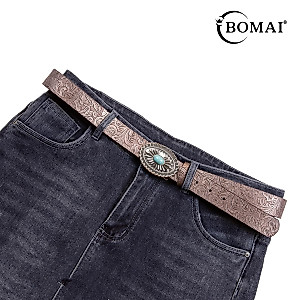 BOMAI Western Belts for Women Turquoise Belts Cowgirl Belts Ladies Concho Belts Vintage Design Embossed Leathe