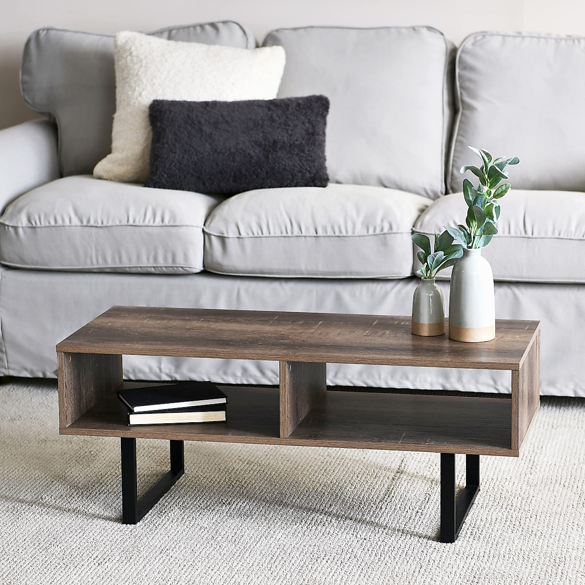 Household Essentials Jamestown TV Stand Coffee Table with Rectangular Storage Compartments Ashwood Rustic Wood Grain and Black Metal