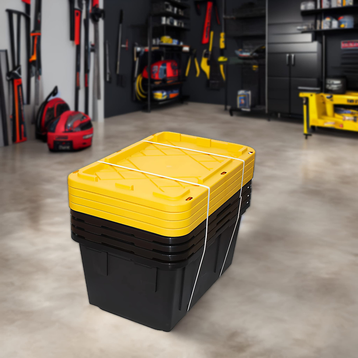 ANF BRANDS (12-Pack) Heavy-Duty 27-Gallon Black and Yellow Storage Bins, Stackable with Secure Lids for Ultimate Organization