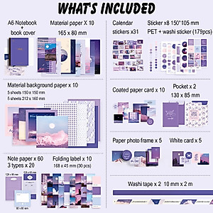 Vintage Aesthetic Scrapbook Kit(346pcs), Scrapbooking Supplies Kit with Bullet Junk Journal, Stationery, A6 Grid Notebook with Graph Ruled Page DIY Journaling Gift for Teen Girl Kid Women, Purple