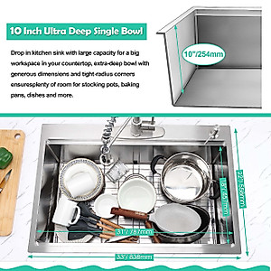 Homikit 33 x22 Inch Kitchen Sink with Soap Dispenser, 16 Gauge Stainless Steel Topmount Drop In Kitchen Sinks Single Bowl 2-Hole R10 Corner, 10" Deep Large Farmhouse Workstation Sink with Accessories