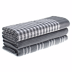 Classic Kitchen Towels, 100% Natural Cotton, The Best Tea Towels, Dish Cloth, Absorbent and Lint-Free, Machine Washable, 18 x 25 Inch, 3 Pack, White with Grey Stripe