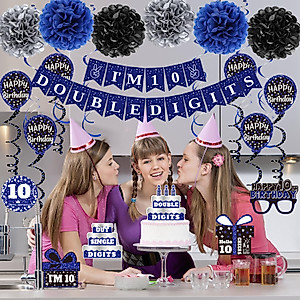 10th Birthday Decorations for Boys Girls, Blue I'm 10 Double Digits Banner Party Decorations, Happy 10th Birthday Decor Double-Sided Card Pompoms Hanging Swirl for Ten Years Old Boys Girls Gifts 45pcs