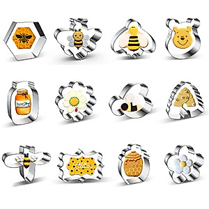 Bee Cookie Cutters Set Small Mini - 3 Inch - 12 Pieces Stainless Steel Biscuit Mold Cutter with Bee, Hexagon Honeycomb, Beehive, Flower, Honey Jar, Plaque Frame, Cartoon Bear Head Shapes Cookie Cutter