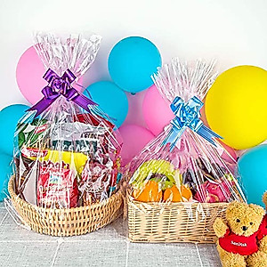 100 Packs Large Cellophane Bags 24" x 30" Clear Cellophane Gift Basket Wraps Extra-large 2.3 Mil Thick Plastic Wrap Bags for Fruit Basket, Gift Wrap, Treats, Arts and Crafts, 100ct Ribbon Bows