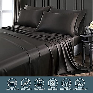 P Pothuiny 6-Piece Queen Satin Sheets Luxury Silky Black Satin Bedding Sheet Set, 1 Deep Pocket Fitted Sheet + 1 Flat Sheet + 4 Pillow Cases