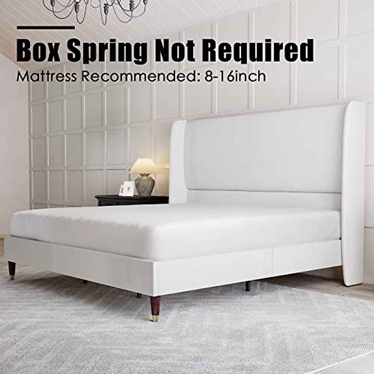 PaPaJet King Platform Bed Frame 51.2" High Headboard Linen Tall Upholstered Bed/No Box Spring Required/Wood Slat Support/Easy Assembly White