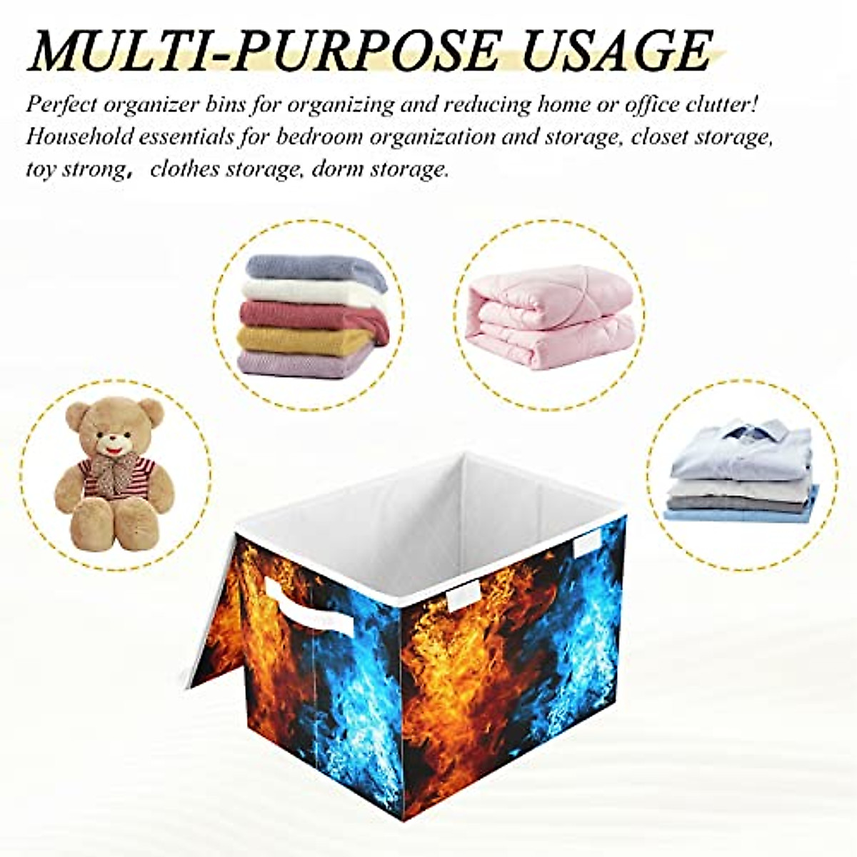 Kigai Red and Blue Fire Storage Basket with Lid Collapsible Storage Bin Fabric Box Closet Organizer for Home Bedroom Office 1 Pack