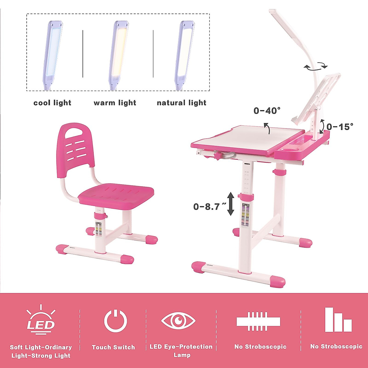 Napfox Desk for Kids Desk and Chair Set Kids Art Desk Drafting Table Desk Set with Adjustable Height, 40-Degree Tiltable Children Desktop, LED Light,Bookstand,Pink