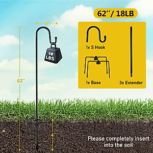 COCONUT Shepherds Hook for Outside, 62 Inch Adjustable Bird Feeder Pole with 5 Prong Base, Garden Hanger Stand for Hummingbird Feeder, Wind Chime, Lantern