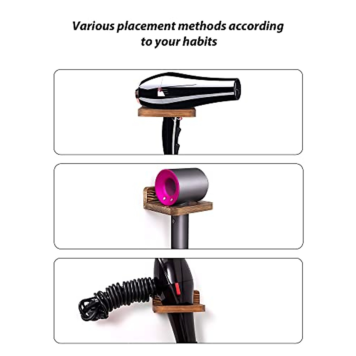 Honizer Hair Dryer Holder Wall Mounted, Wood Hair Dryer Holder, Blow Dryer Holder for Bathroom, Bedroom, Salon