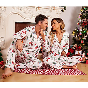 Ekouaer Christmas Family Matching Pajamas Long Sleeve Button Down Pj Set Festival Party Sleepwear,White Pattern,Women,L