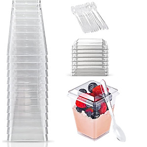 XIGUI 5oz Mini Dessert Cups - Clear Tasting Sample Shot Glasses 25 Piece Reusable of Plastic Dessert, Suitable for Cheese, Desserts, Jelly, Mousse, Ice Cream (Transparent 5oz)