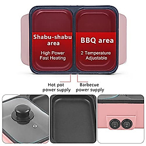 SNKOURIN Hot Pot with Grill,2 in 1 Indoor Non-Stick Electric Hot Pot and Frying Pan,Independent Temperature Control,Portable Multifunctional Smokeless Korean BBQ Grill for Indoor Outdoor Party (Pink)