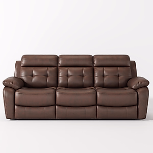 Gahowlen Genuine Leather Manual Reclining Sofa, 3-Seater Couch with Drop Down Table, Cup Holders & Magazine Bag, 3-Seat Dual Recliner Chair for Living Room Home Theater Office, Brown