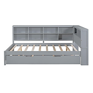 GYYBED Wooden Full Size DayBed with Twin Size Trundle, DayBed with Storage Shelf and USB Charging Ports,Wooden Bedframe with Wood Slat Support for Bedroom Living Room (Full(Grey)+with Trundle)