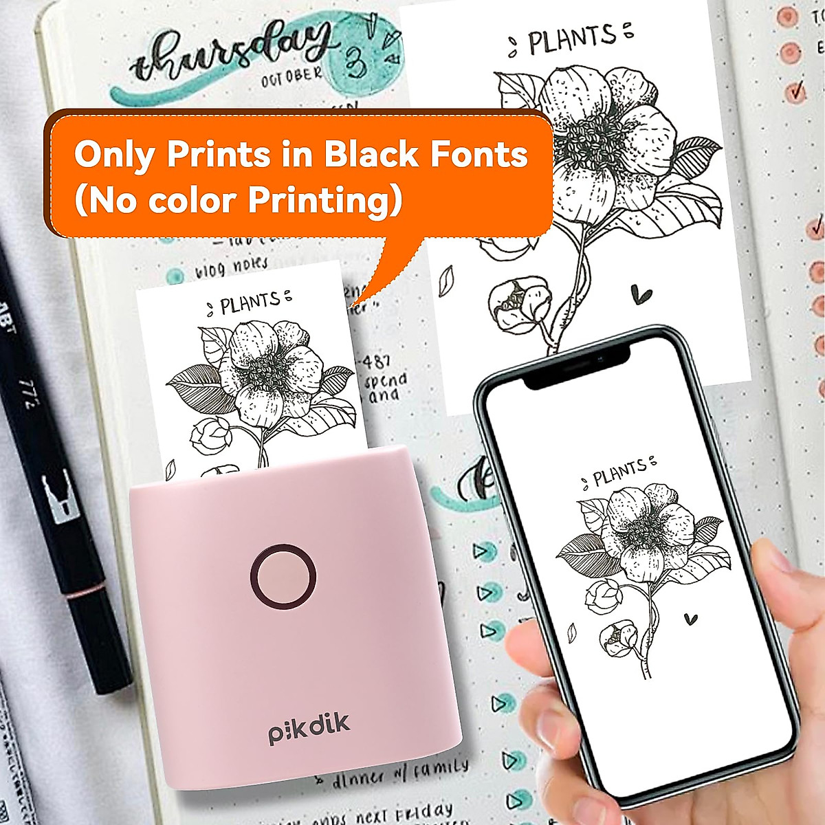 PikDik Mini Pocket Thermal Printer - PD-Q2 Portable Bluetooth Inkless Printer Machine 300 DPI Compatible with Android & iOS for 2 Inch Work List,Photo,Receipt,Children DIY,QR Code,Pink