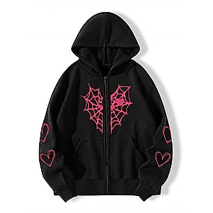 Y2K Gothic Spider Web Heart-shaped Print Hoodied Pullover Punk Zip Up Jacket Coat Harajuku Loose Oversized Streetwear (Black Pink,S)