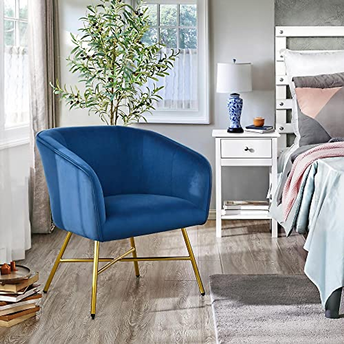 Yaheetech Accent Chair, Modern Velvet Living Room Chair with Metal Legs and Soft Padded, Comfy Side Chair for Bedroom/Office/Study/Waiting Room, Dark Blue