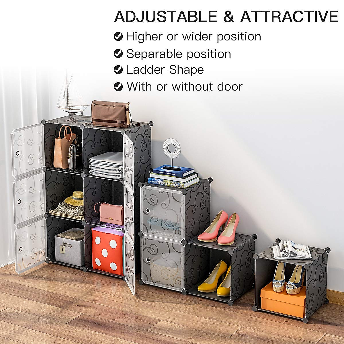 KOUSI Portable Cube Storage - 14"x14" Cube Cube Organizer Storage Organizer Clothes Storage Storage Shelves Furniture for Clothes Plastic Dresser Storage Cubes, Black (4x4 Cubes)