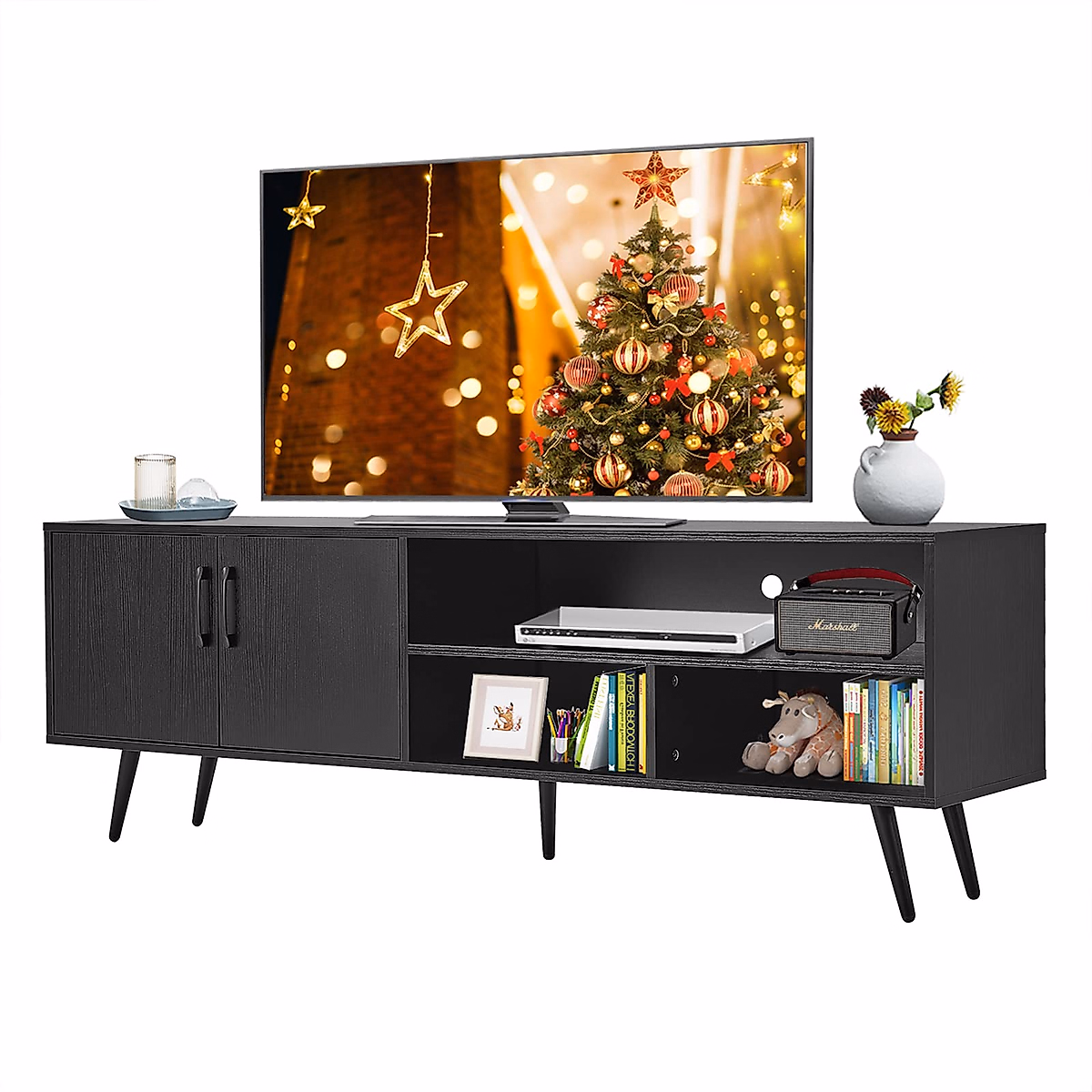 Panana TV Stand Television Console Unit Cabinets with 3 Open Cubby and 2 Doors for Living Room Bedroom for TVs up to 70 Inches (62.99 Inches Black)