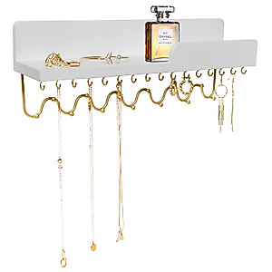 Lampaggio Hanging Jewelry Organizer with 29 Hooks and Cosmetics Shelf, Modern Wood Wall Mounted Jewelry Holder for Necklaces, Bracelets, Earrings and Rings, White