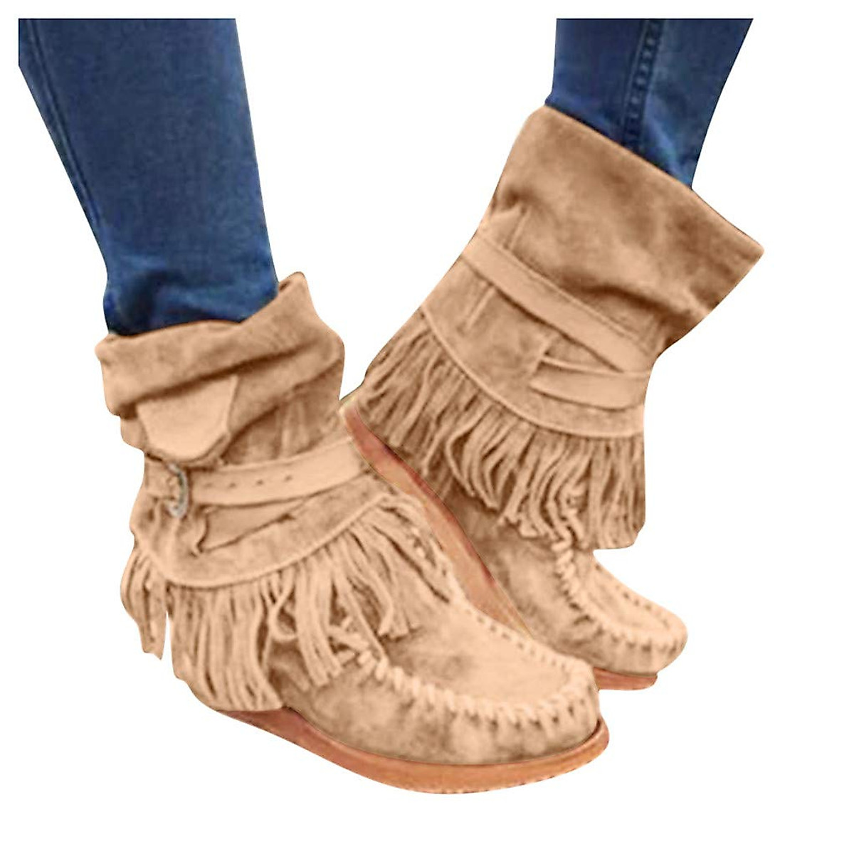 Guoxn Women's Retro Flock Fringe Short Ankle Boots Flat Round Toe Slip On Mid Calf Winter Snow Boots Ladies Punk Military Combat Army Boots Comfort Suede Cowboy Western Bootie (Brown, US:5/CN:36)