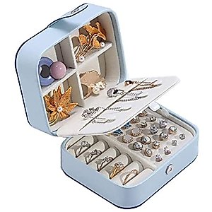 ZZYINH AN207 Korean-Style Double-Sided Jewlery Box Portable Jewelry Box Leather Ear Stud Ring Necklace Earrings Storage Box Small Jewelry (Color : Blue)
