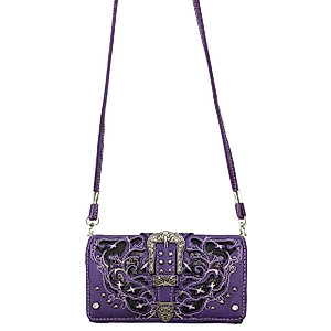 Western Gleaming Buckle Floral Cowgirl Women Crossbody Wrist Trifold Wallet (Purple)